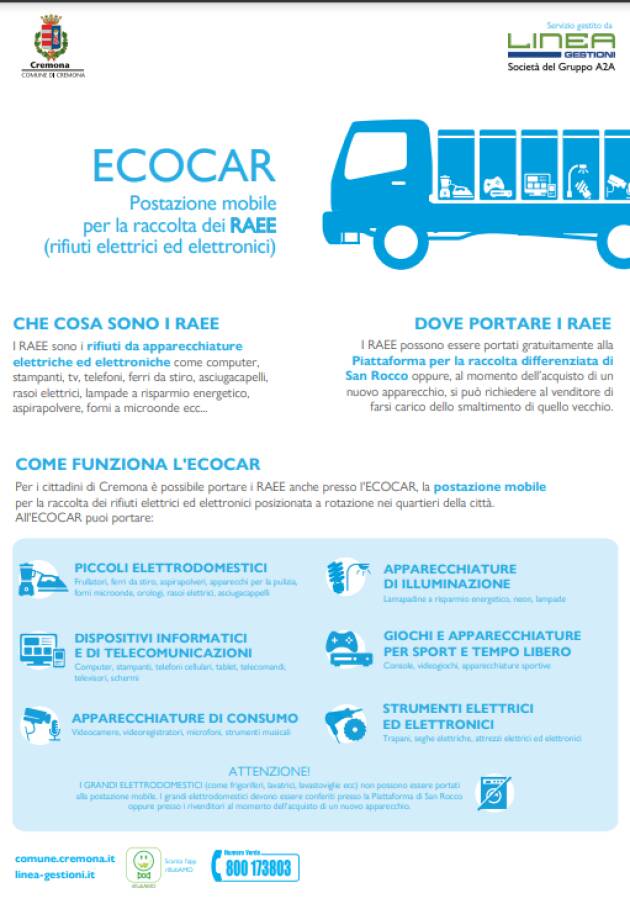 CREMONA: Prosegue anche nel 2023 la raccolta dei RAEE con L’ECOCAR