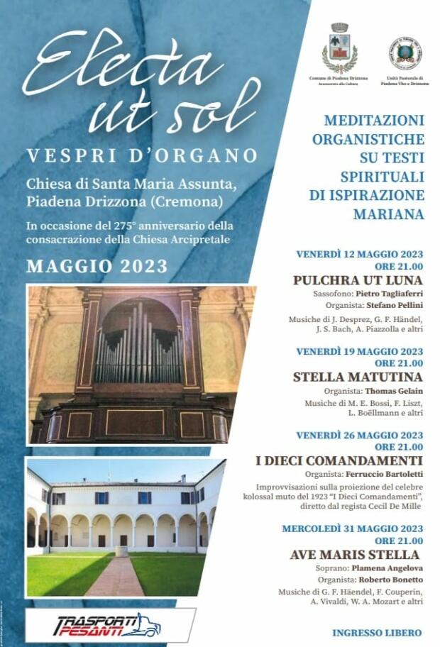 Piadena Vespri d'Organo programma del 31 maggio 2023
