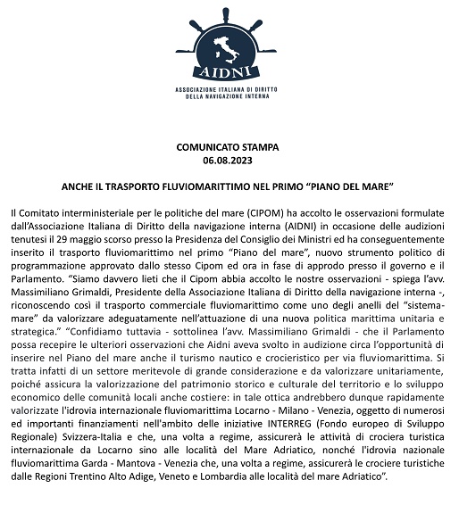 ANCHE IL TRASPORTO FLUVIOMARITTIMO NEL PRIMO “PIANO DEL MARE”